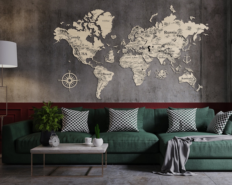 Extra Large Wooden World Map With Borders, Countries, Capitals Engraved ...