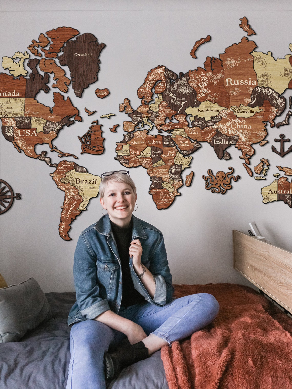 Extra Large Wooden Push Pin Map in Walnut and Wenge Rustic - Etsy