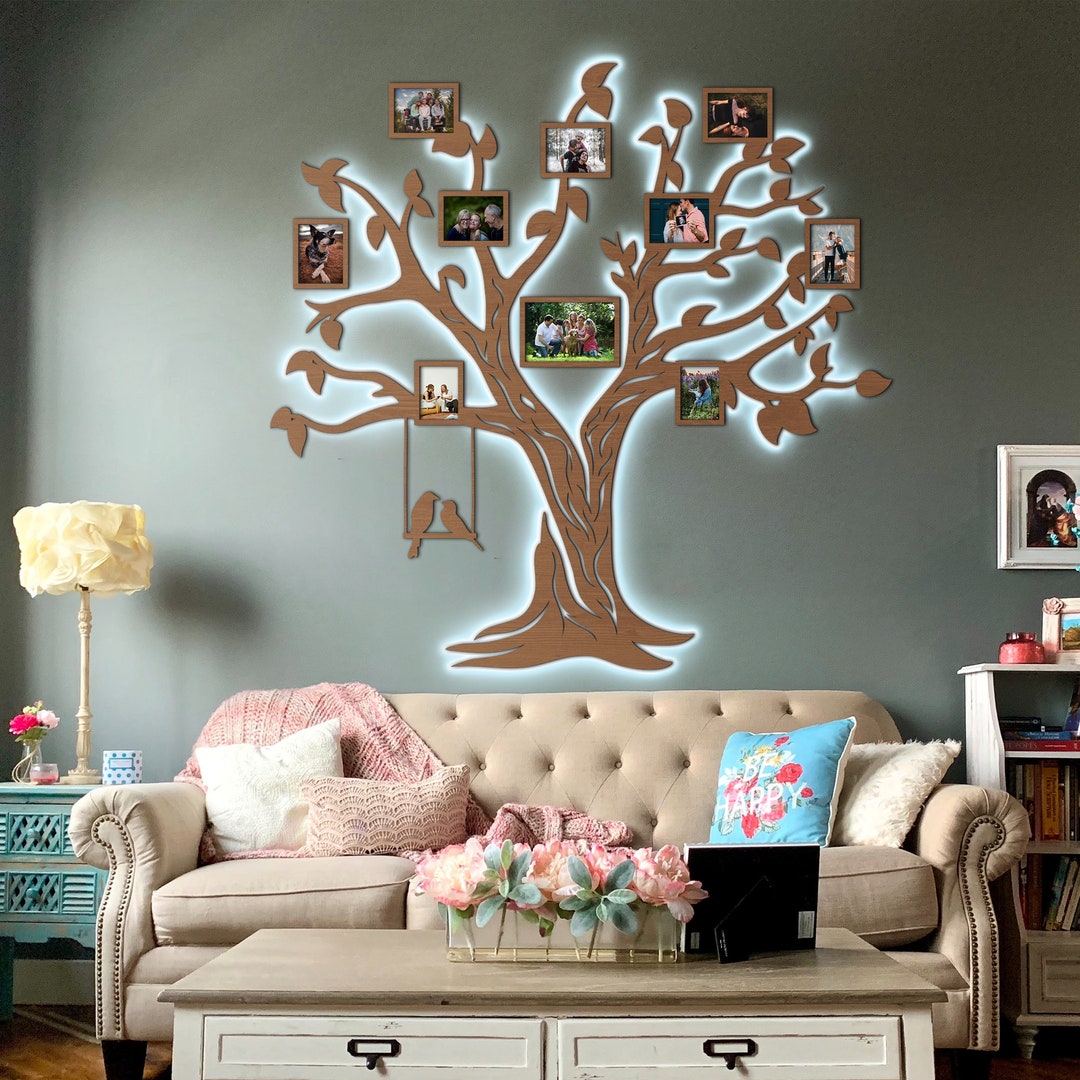Large Wooden Tree of Life With Photo Frames and Led Lighting, Led ...