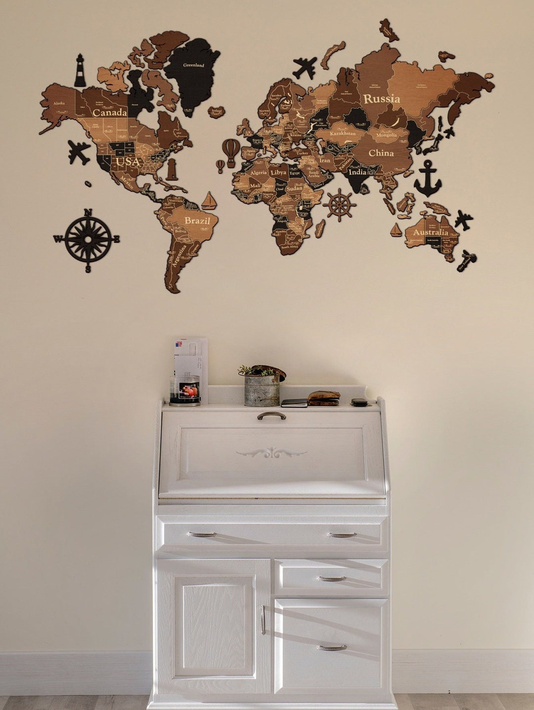 3D Map of the World, 3D Map to Mark Trips With Wood Pins, Push Pin Map ...