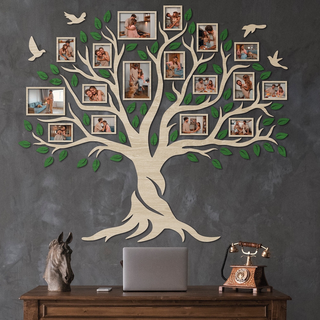 Wooden Family Tree With Photo Frames, Family Birthstones Tree, Family ...