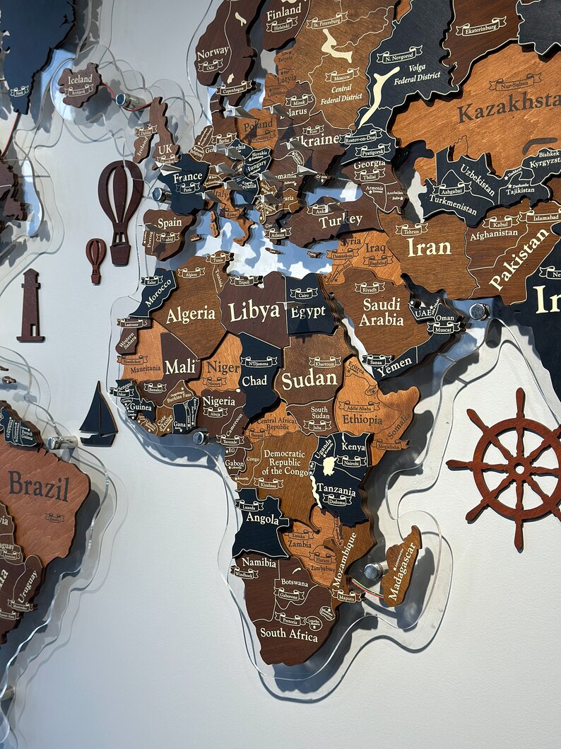 Push Pin Wall Light Map 3D LED RGB Map of the World 3D Wood - Etsy