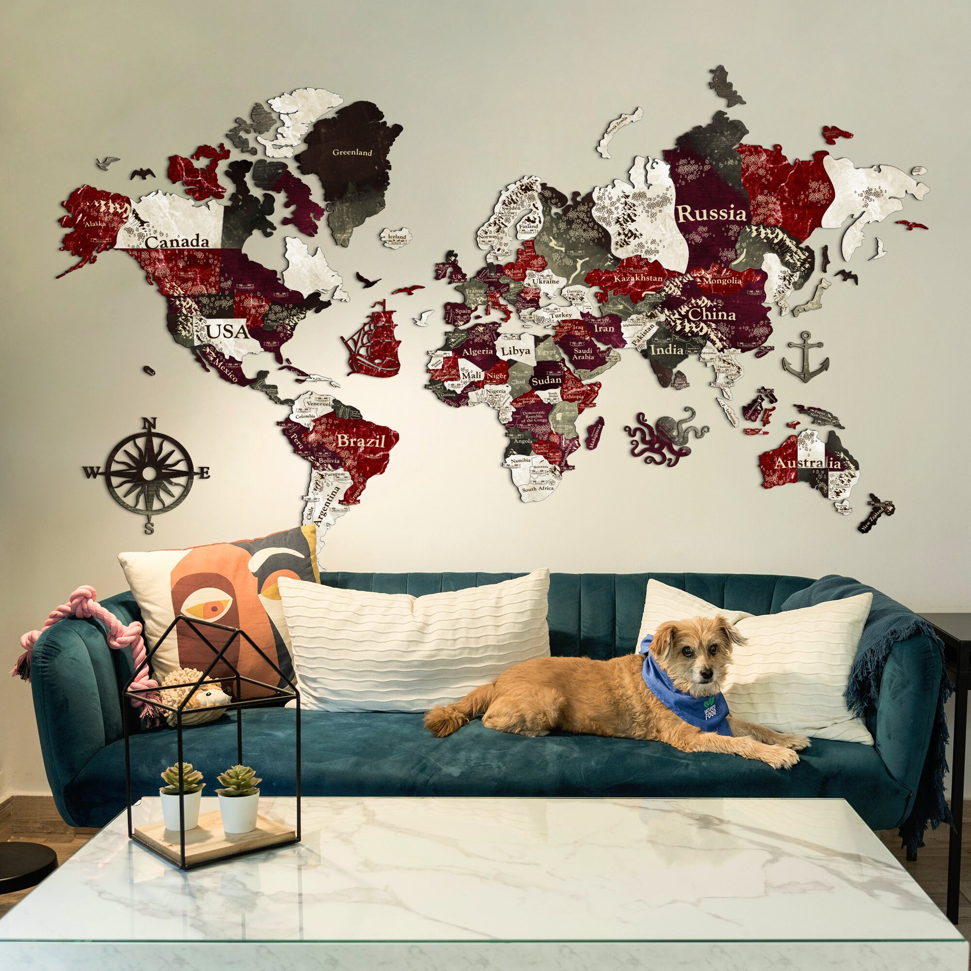 3D World Map Blue Wall Map of the World Wood Push Pin Travel - Etsy Canada