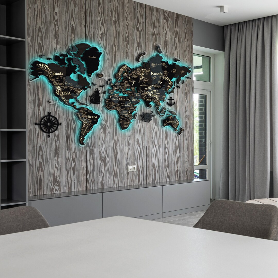 Large Wall Map, 3D Wooden Push Pin Map With LEDs, Large Led Neon Wall ...