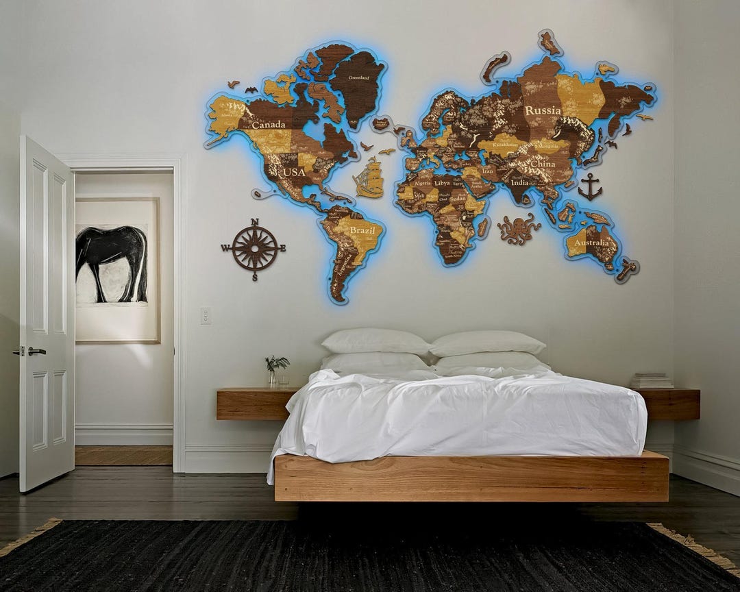 Mapa de pared con luces LED RGB, mapa de pared de madera 3D, mapa del ...
