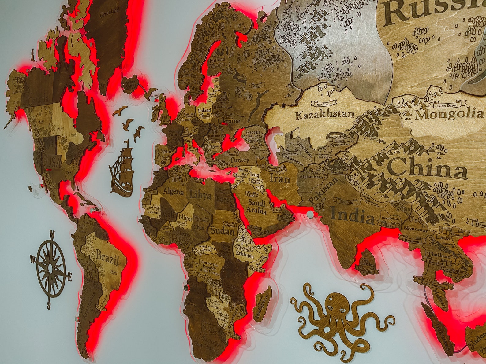 3D Led Backlight Map Wooden Push Pin Map RGB LED 3D Wood - Etsy