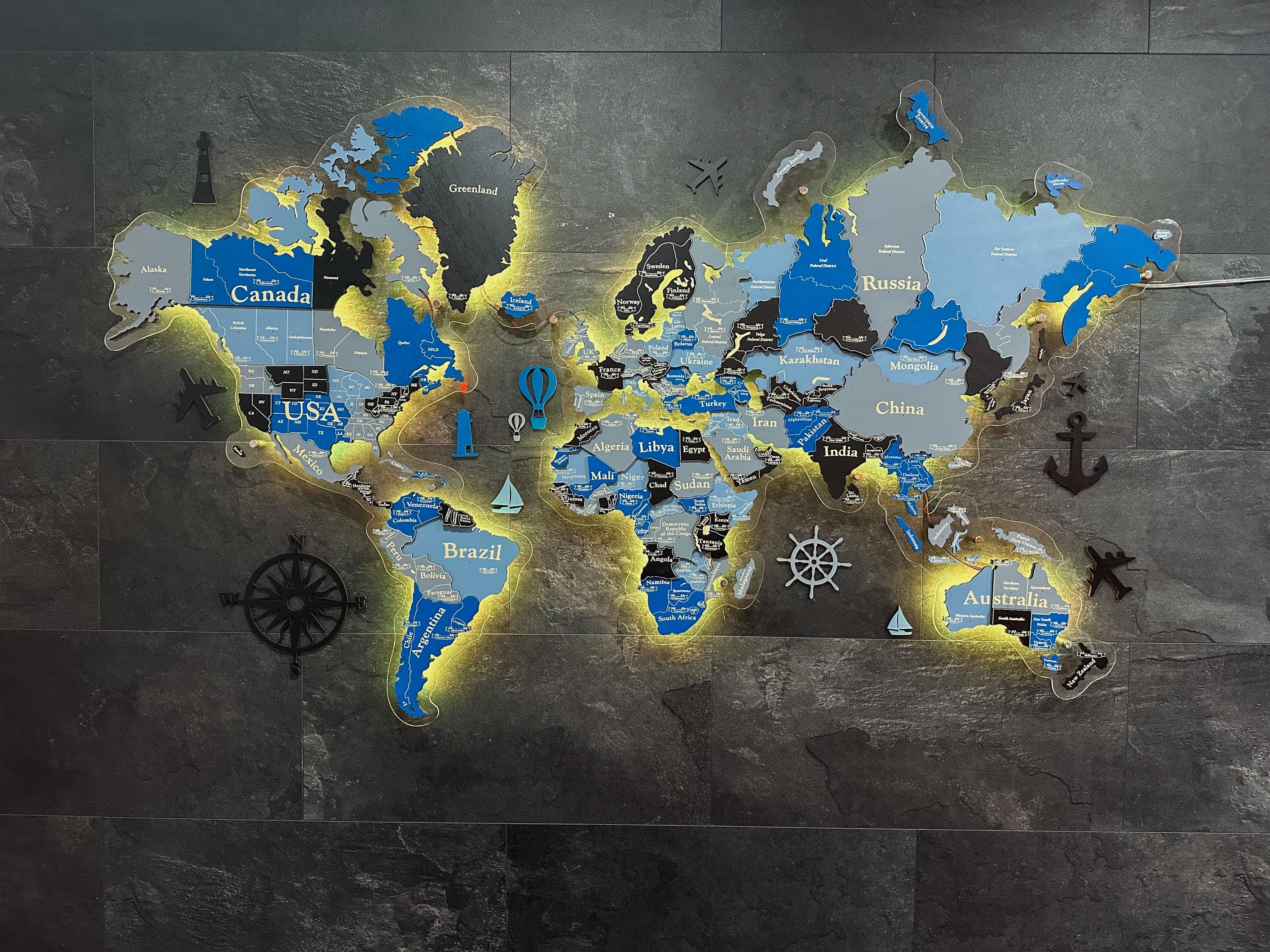 Led 3D Wall Map Art, Led Wall Art, Apartment Decor, World Map With LED ...