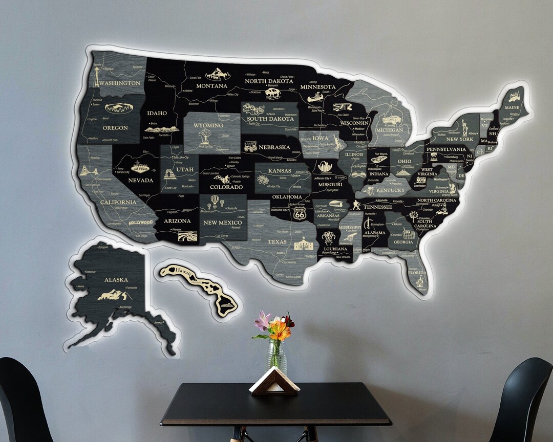 3D LED Map of United States, Wall Map of the United States, Remote Rgb ...
