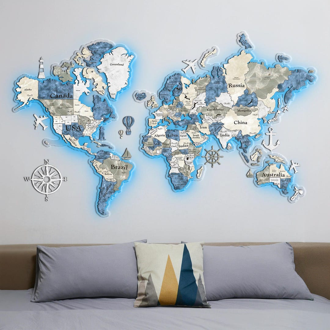 Multicolor Wall Map, Family Travel Map, 3D Map With Push Pins, Led Map ...