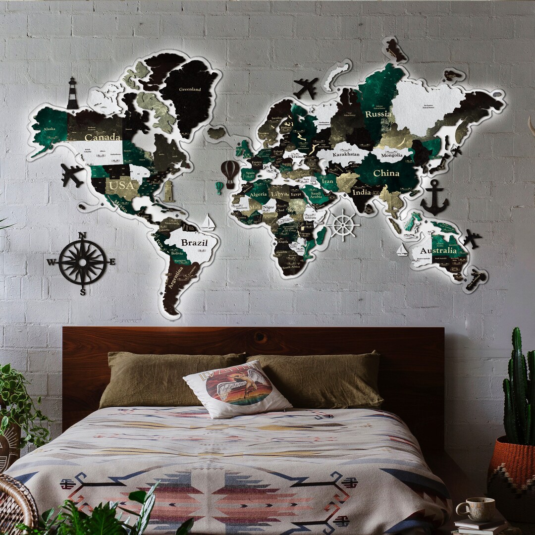 Map With Backlight, 3D Led Backlight Map, Push Pin Wall Light Map, 3D ...