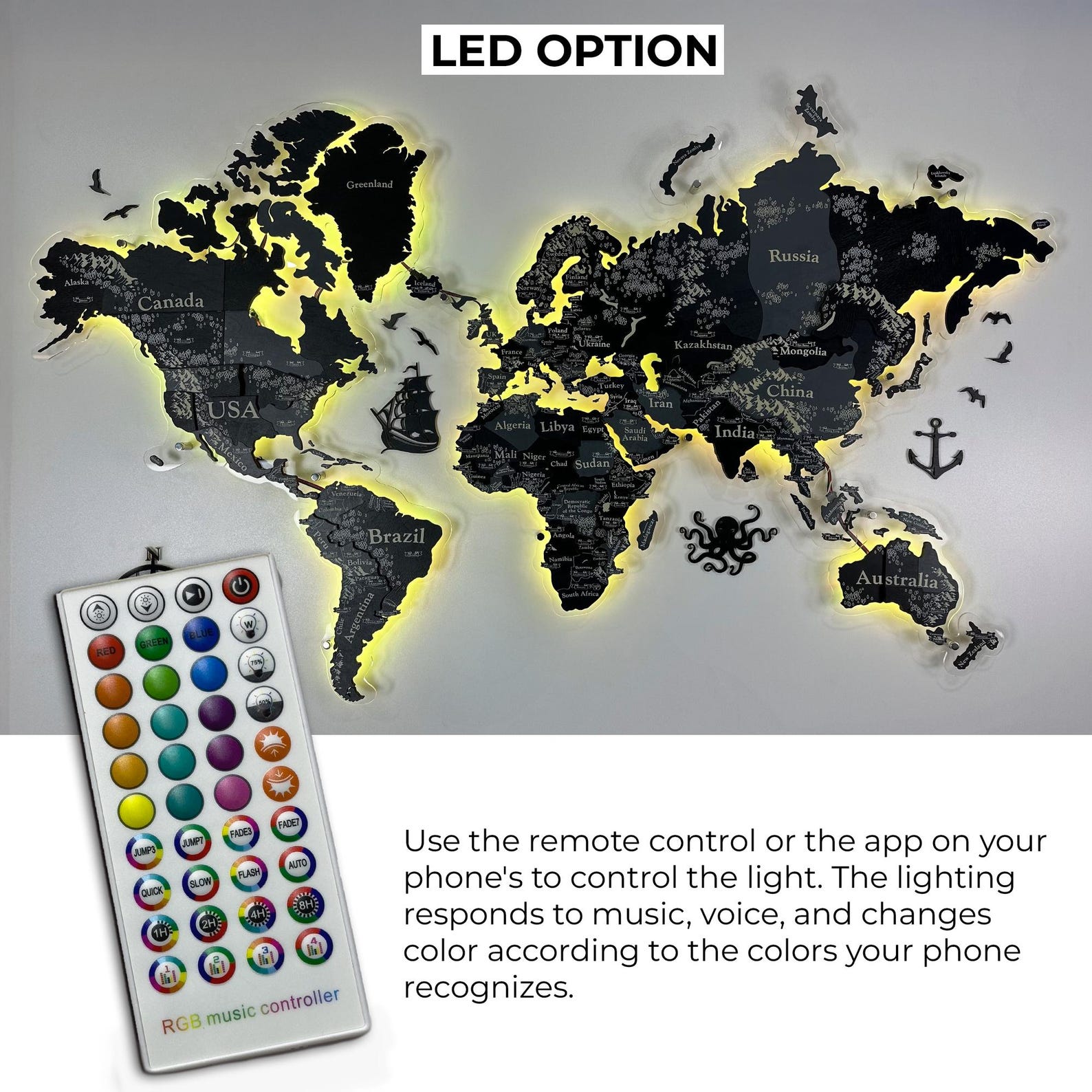 3D LED RGB Map of the World, Neon Map Wall, 3D Wooden World Map ...