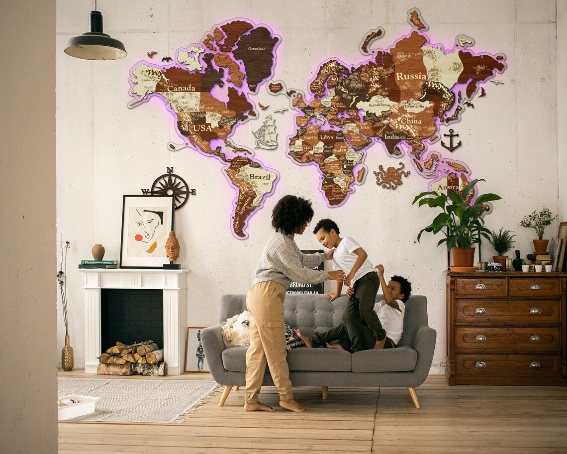 3D Wood Map of the World With LED Background RGB LED Lighting - Etsy