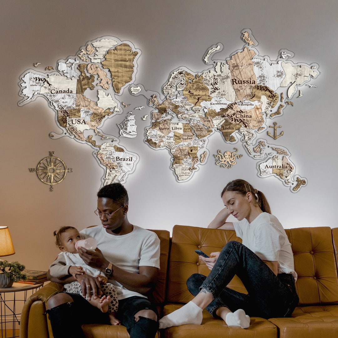 LED 3D Wooden World Map, World Map With LED Lighting, Wall Light Map, Wooden Map of the World ...