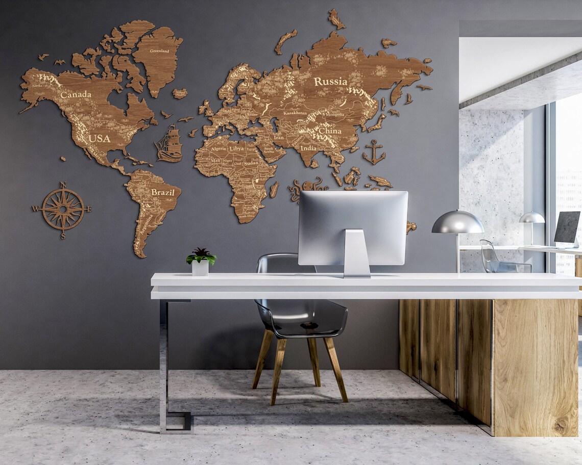 World Wall Map With Etched Names of Countries World Travel - Etsy