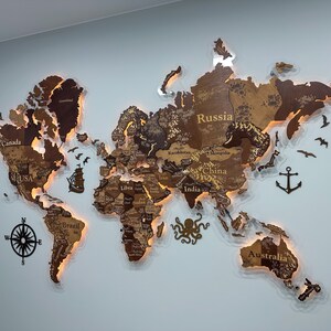 3D LED RGB Map of the World Neon Map Wall 3D Wooden World - Etsy