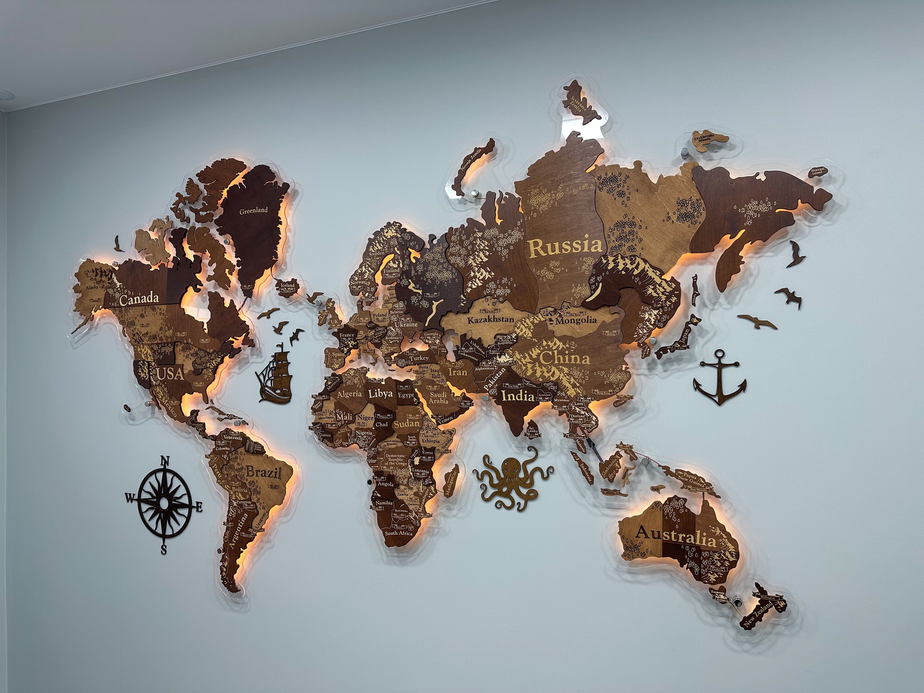 3D LED RGB Map of the World Neon Map Wall 3D Wooden World - Etsy Australia