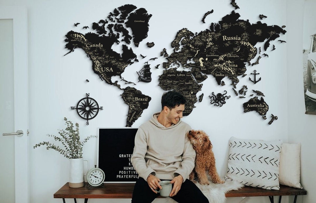 Extra Large Wooden World Map With Borders, Countries, Capitals Engraved ...