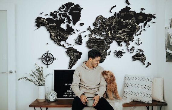 Extra Large Wooden World Map With Borders Countries Capitals | Etsy