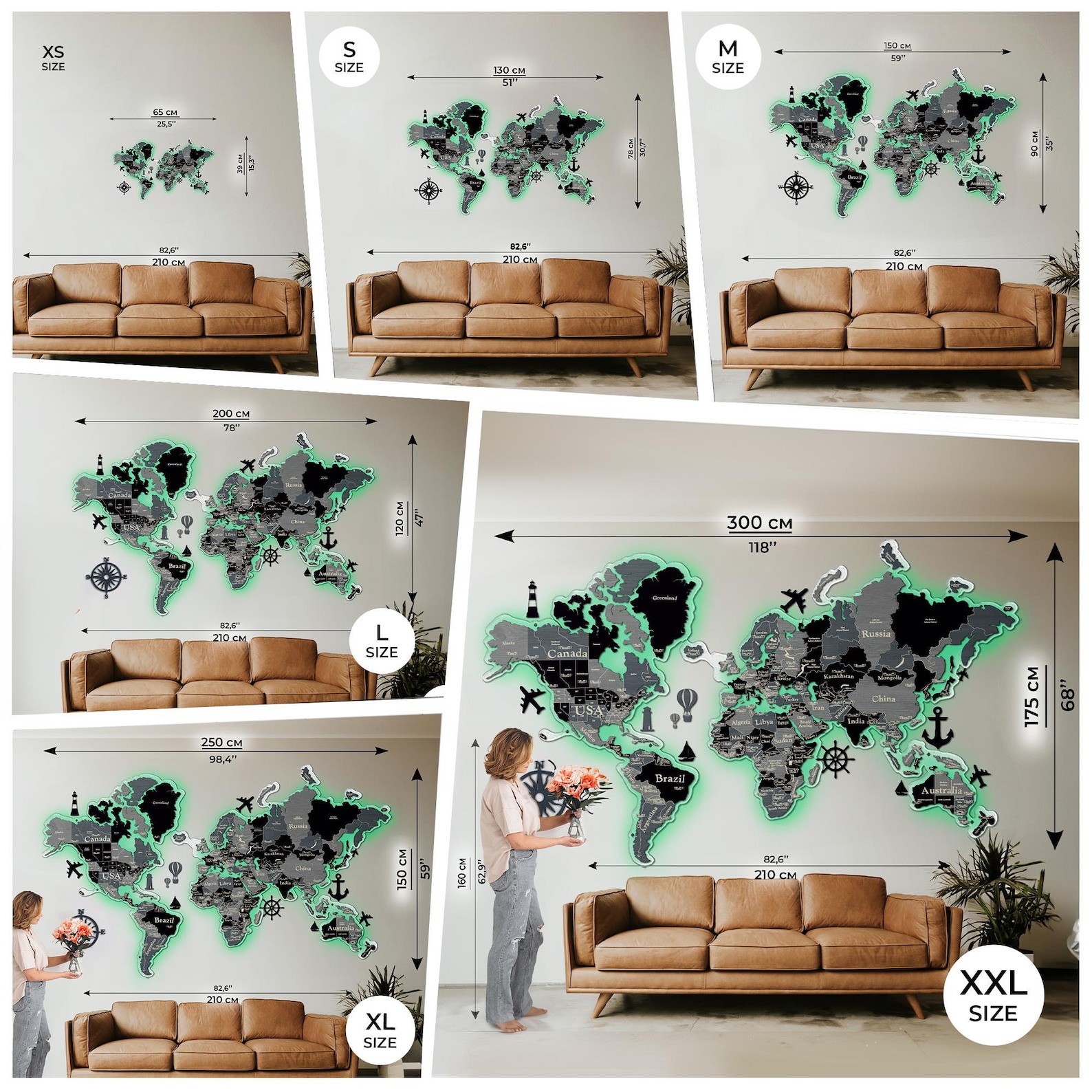 3D Led World Map, Push Pin Map, Gift for Family, 3D Backlight Map, Wood ...