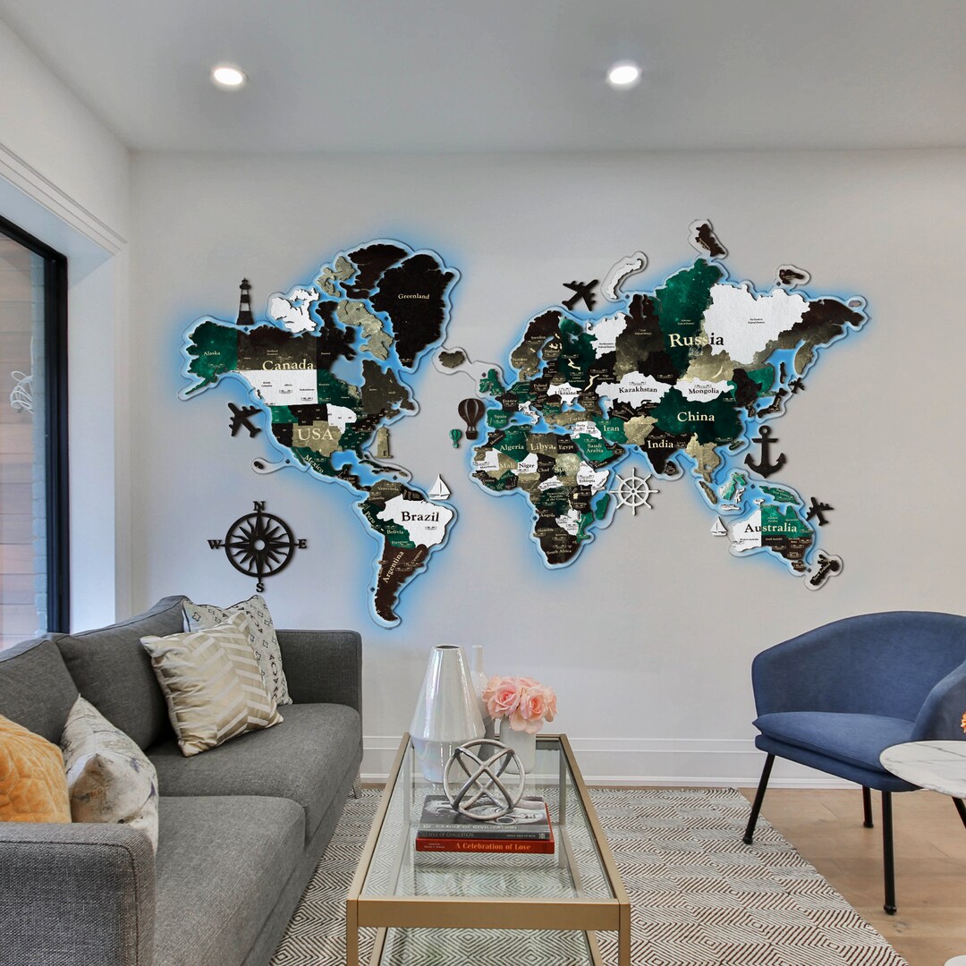 Led World Map, Large Travel Map, 3D Wall Map LED Backlighted, Push Pin ...