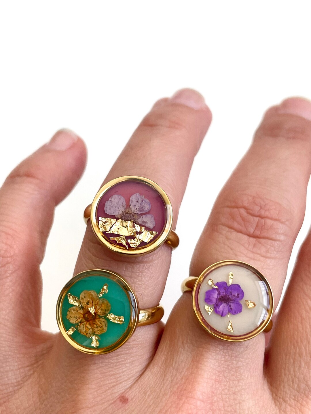 Botanical Resin Ring, Boho Dried Flowers, Stainless Steel, Adjustable ...