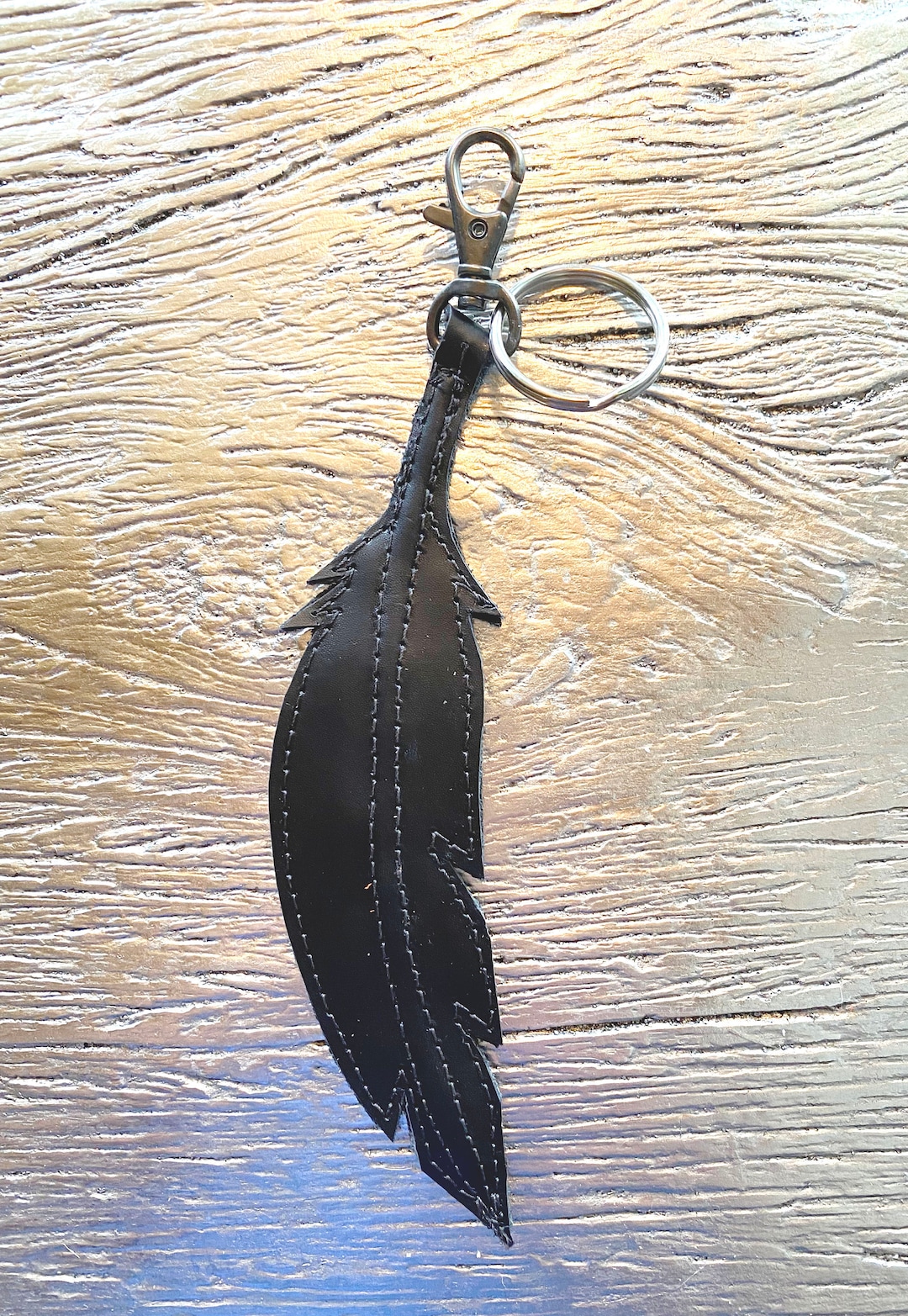 Raven Feather - Leather Bag Charm Key Holder - Etsy