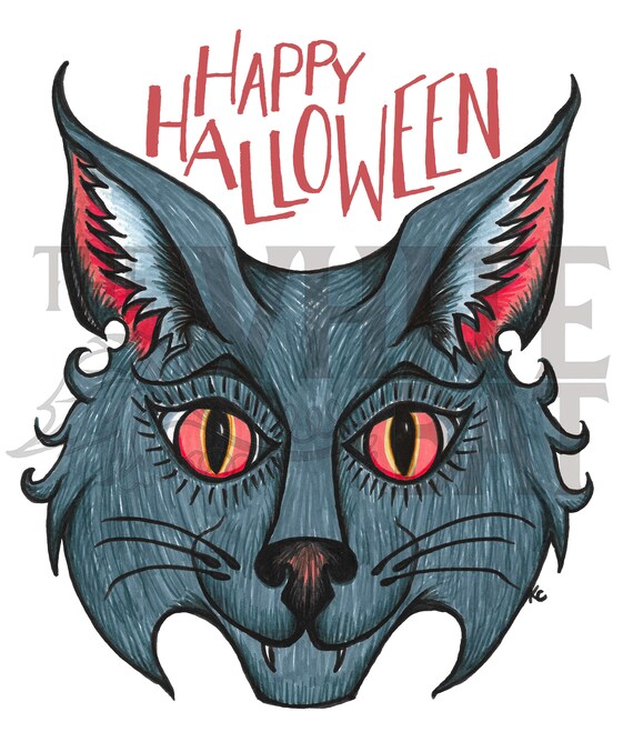 Retro Cat Face Happy Halloween Digital Art downloadable | Etsy
