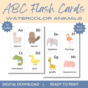 PRINTABLE ABC Alphabet Watercolor Animal Flash Cards | Kids | A-Z ...