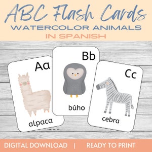 Printable ABC Alphabet Watercolor Animal Flash Cards in SPANISH | Kids ...