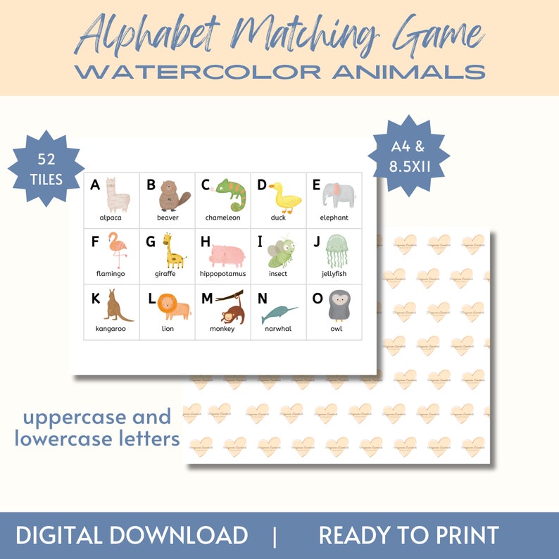 PRINTABLE ABC Alphabet Watercolor Animal Matching Memory Game | Kids ...