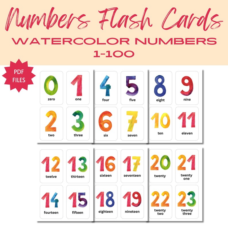 PRINTABLE Watercolor Numbers Flash Cards | Kids | 0-100 | Homeschool ...