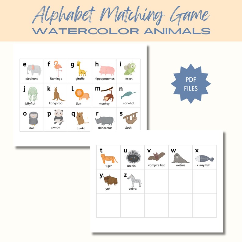 PRINTABLE ABC Alphabet Watercolor Animal Matching Memory Game | Kids ...