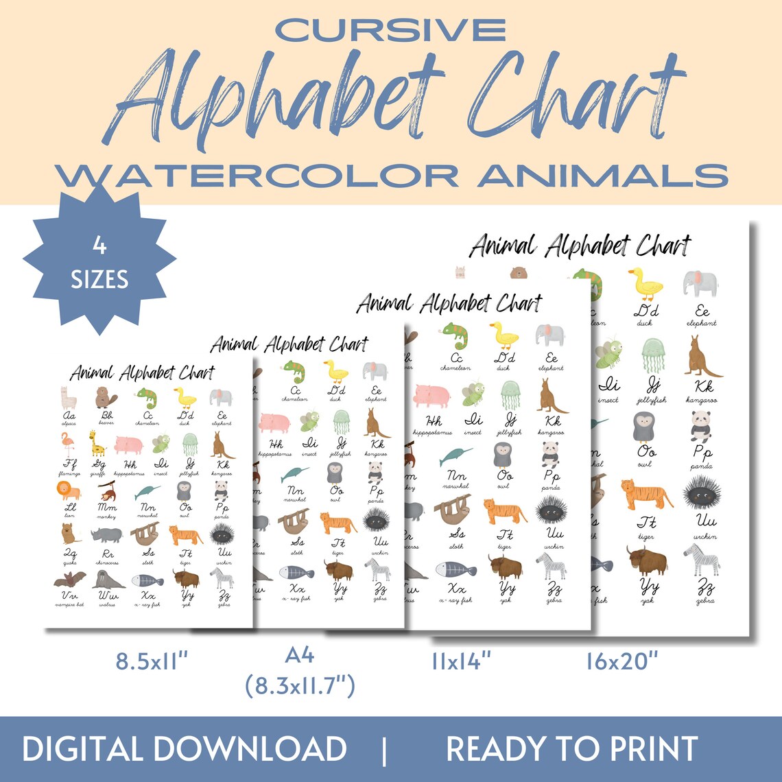 PRINTABLE Watercolor Animal CURSIVE Alphabet Chart Poster | Kids ...