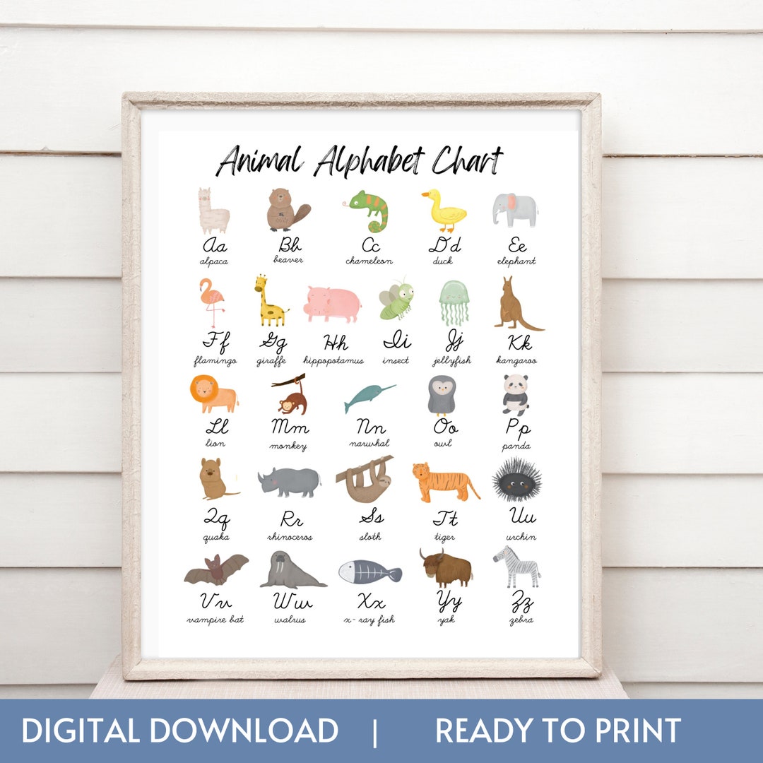 PRINTABLE Watercolor Animal CURSIVE Alphabet Chart Poster | Kids ...