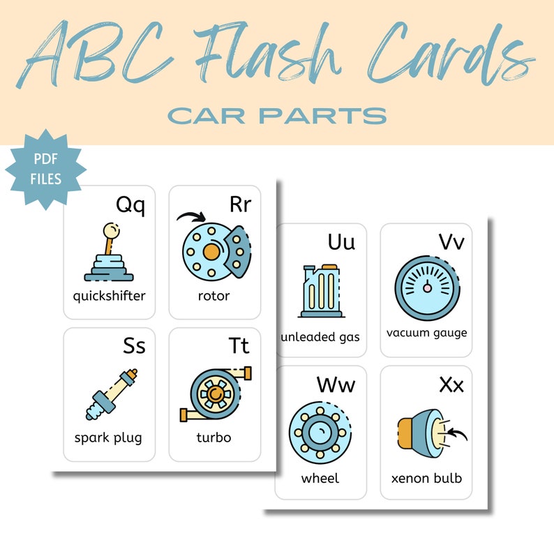 Tarjetas flash IMPRIMIBLES ABC Alphabet Auto Car Parts / Niños / A-Z ...