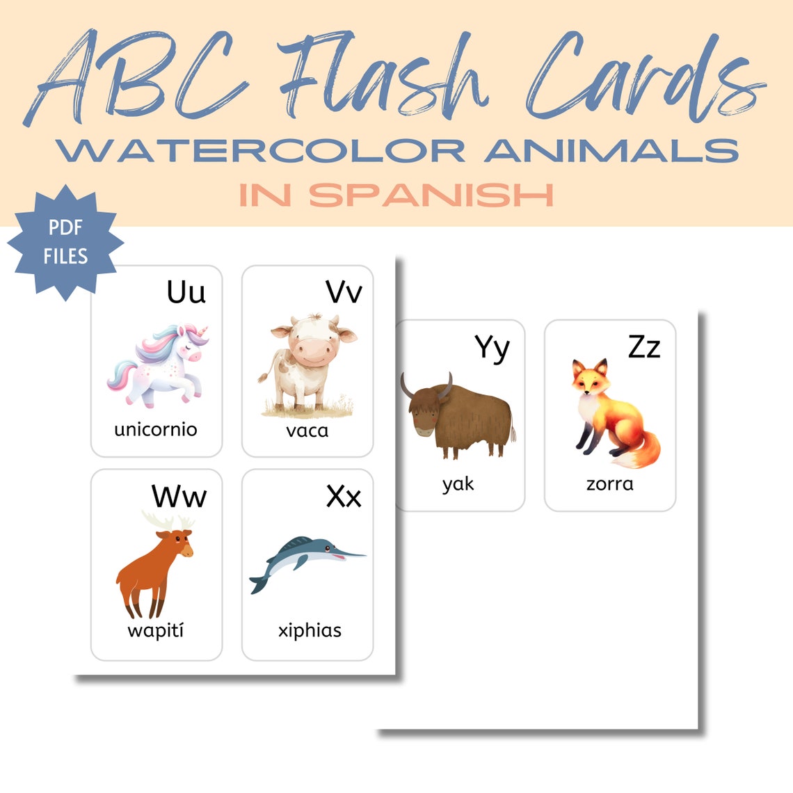 Printable ABC Alphabet Watercolor Animal Flash Cards in SPANISH | Kids ...