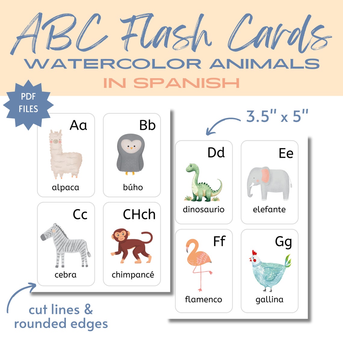 Printable ABC Alphabet Watercolor Animal Flash Cards in SPANISH | Kids ...