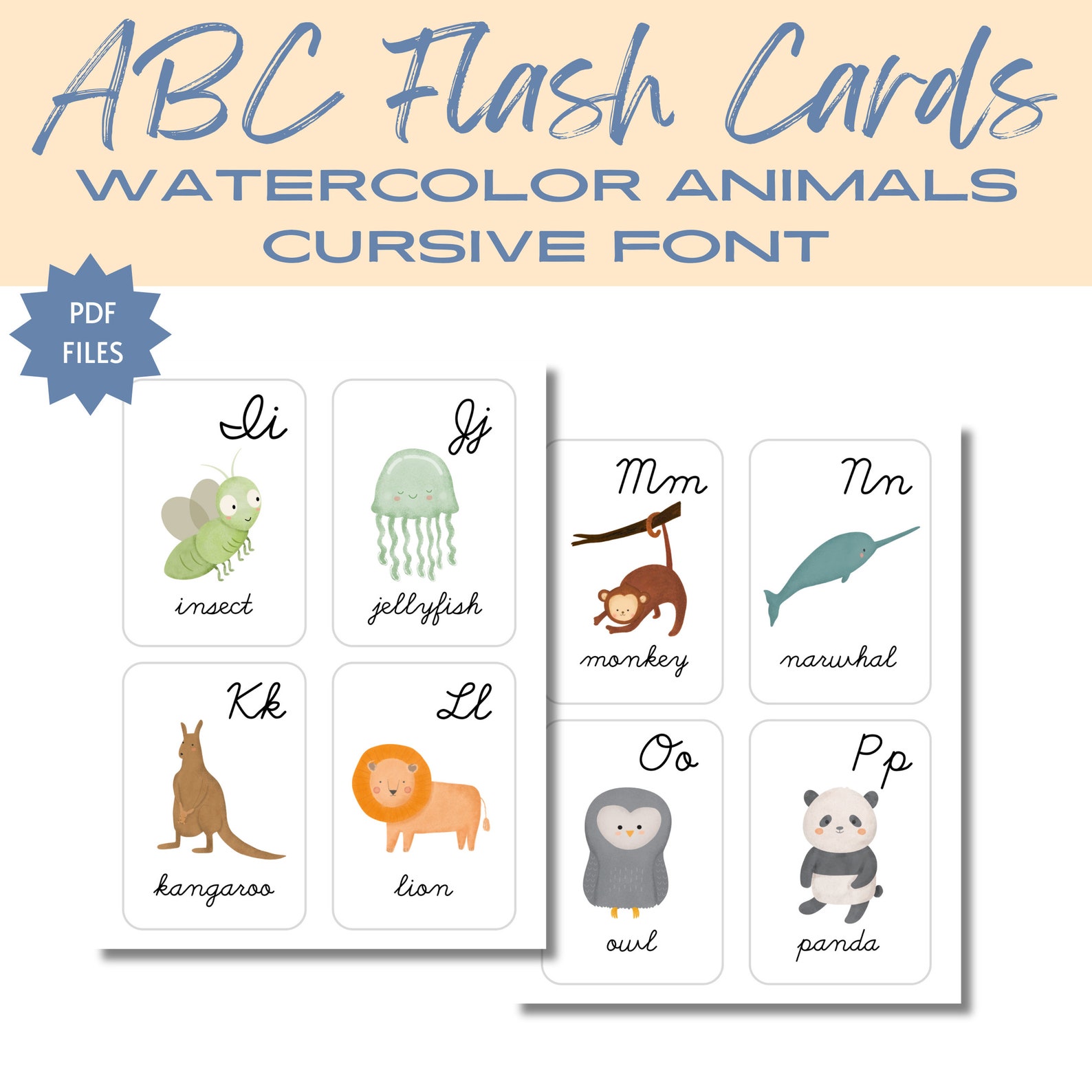 Printable ABC Alphabet Watercolor Animal Flash Cards in CURSIVE | Kids ...