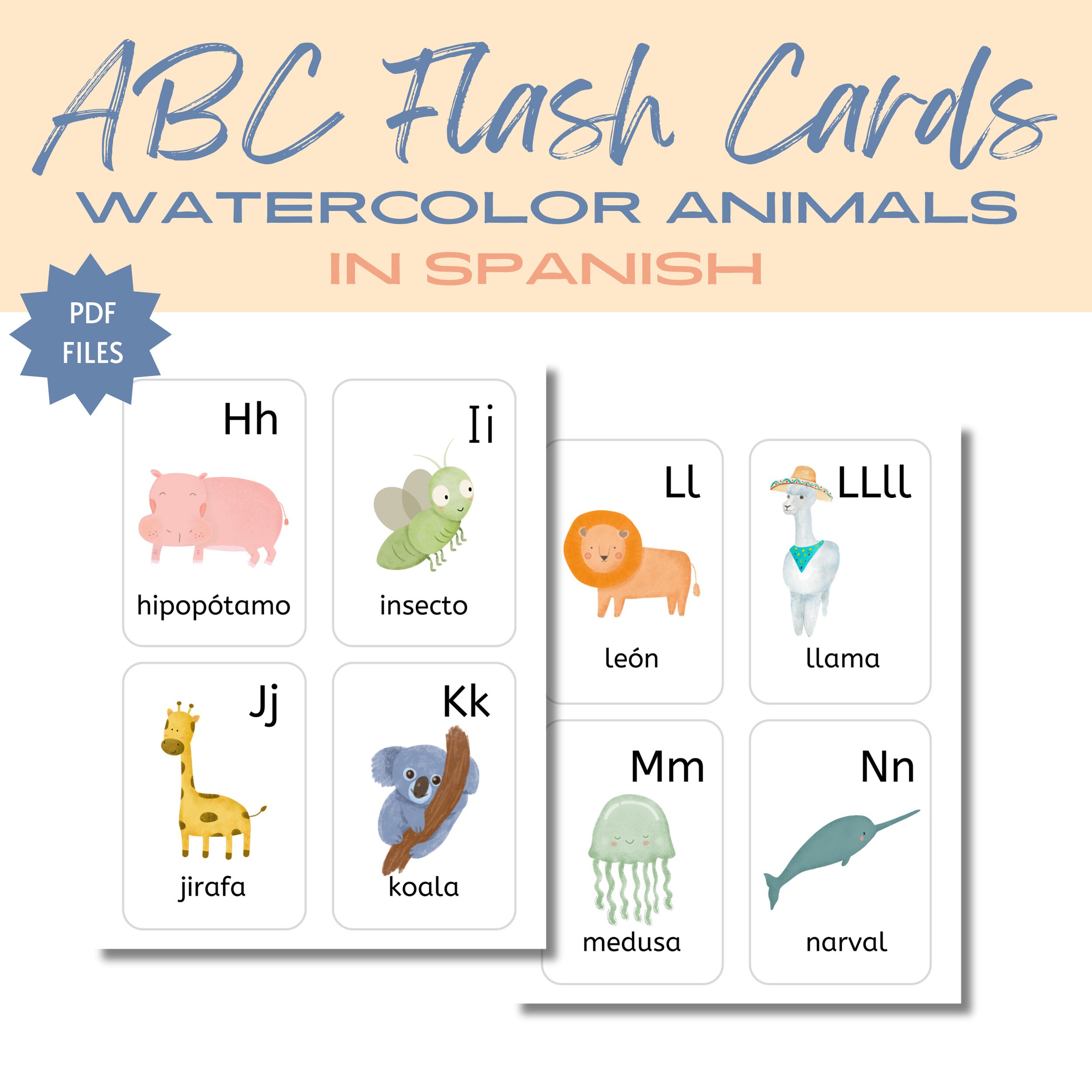 Printable ABC Alphabet Watercolor Animal Flash Cards in SPANISH | Kids ...