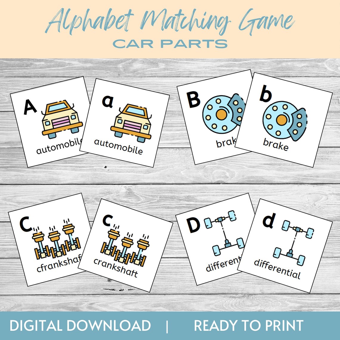 PRINTABLE ABC Alphabet Car Parts Matching Memory Game | Kids | A-Z ...