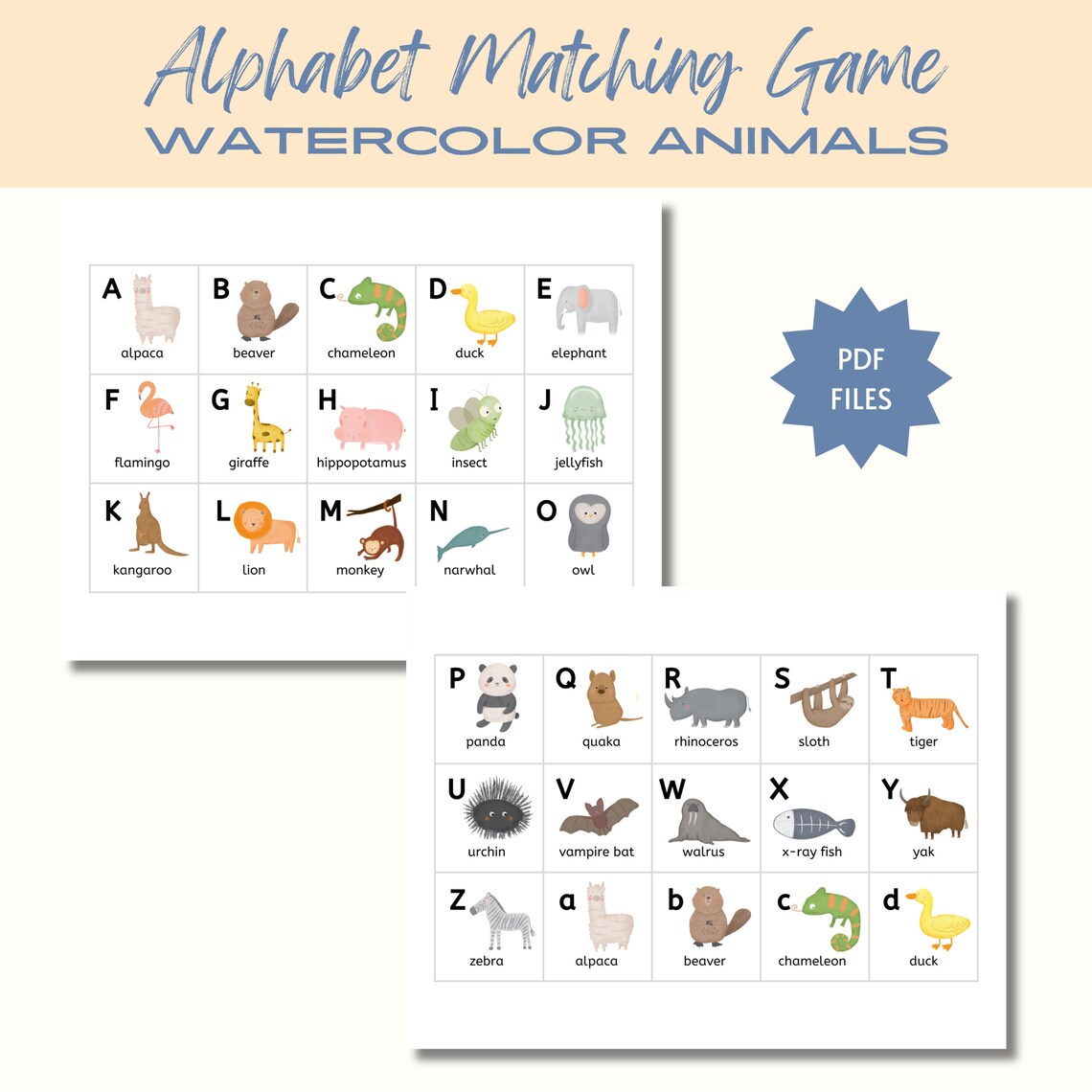 PRINTABLE ABC Alphabet Watercolor Animal Matching Memory Game | Kids ...