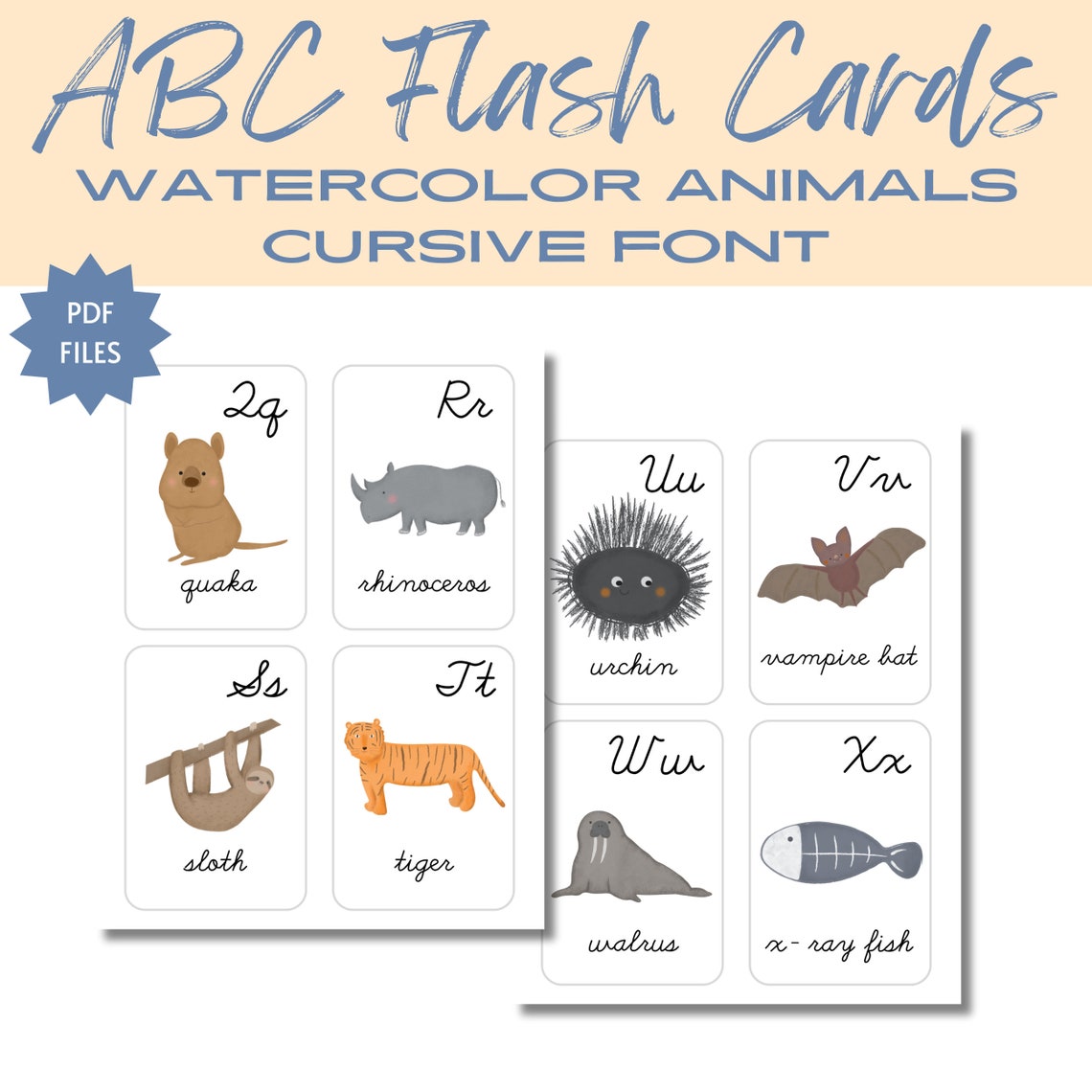 Printable ABC Alphabet Watercolor Animal Flash Cards in CURSIVE Kids A ...
