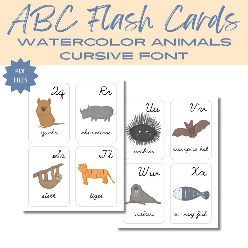 Printable ABC Alphabet Watercolor Animal Flash Cards in CURSIVE | Kids ...