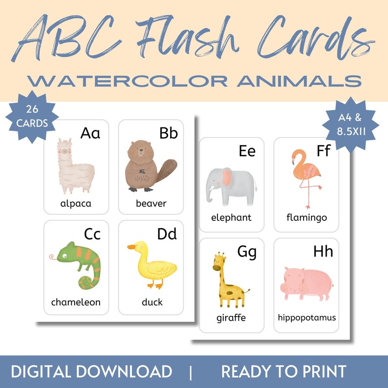 PRINTABLE ABC Alphabet Watercolor Animal Flash Cards | Kids | A-Z ...
