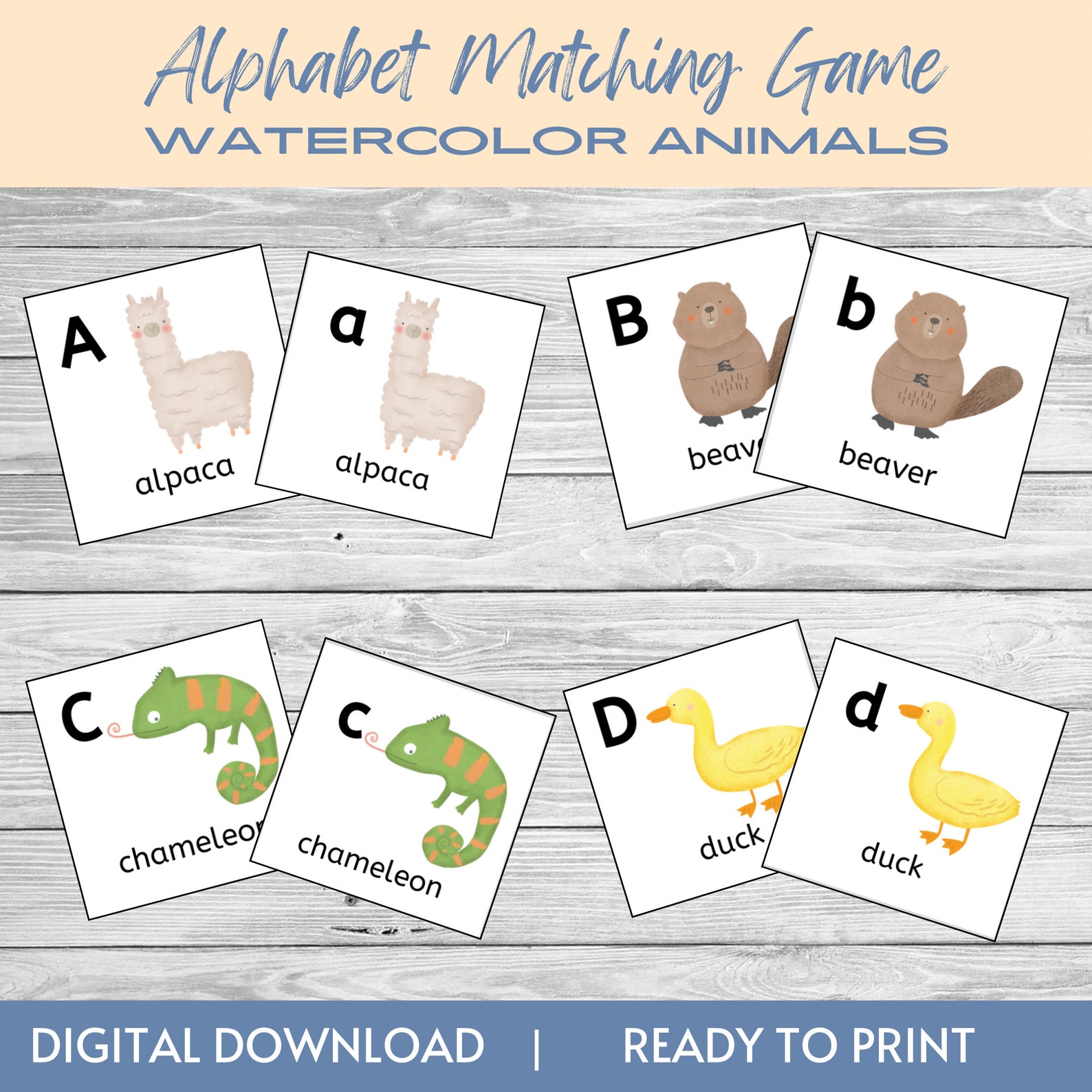 PRINTABLE ABC Alphabet Watercolor Animal Matching Memory Game | Kids ...