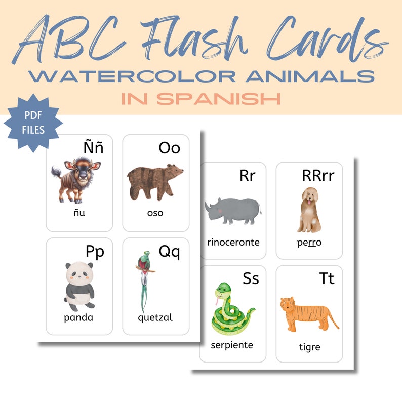 Printable ABC Alphabet Watercolor Animal Flash Cards in SPANISH | Kids ...