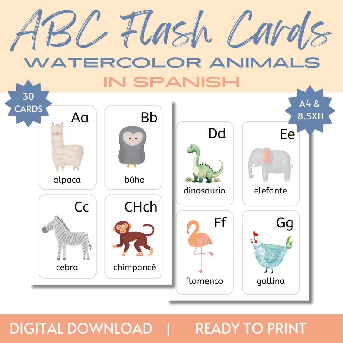 Printable ABC Alphabet Watercolor Animal Flash Cards in SPANISH | Kids ...