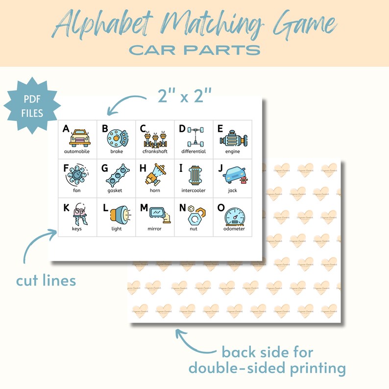 PRINTABLE ABC Alphabet Car Parts Matching Memory Game | Kids | A-Z ...