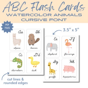 Printable ABC Alphabet Watercolor Animal Flash Cards in CURSIVE | Kids ...