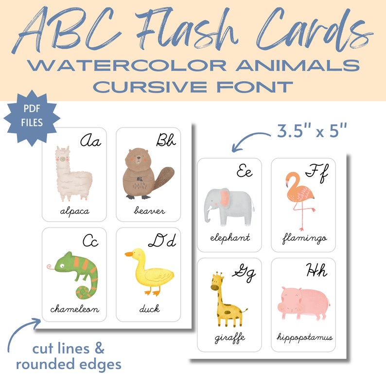 Printable ABC Alphabet Watercolor Animal Flash Cards in CURSIVE | Kids ...